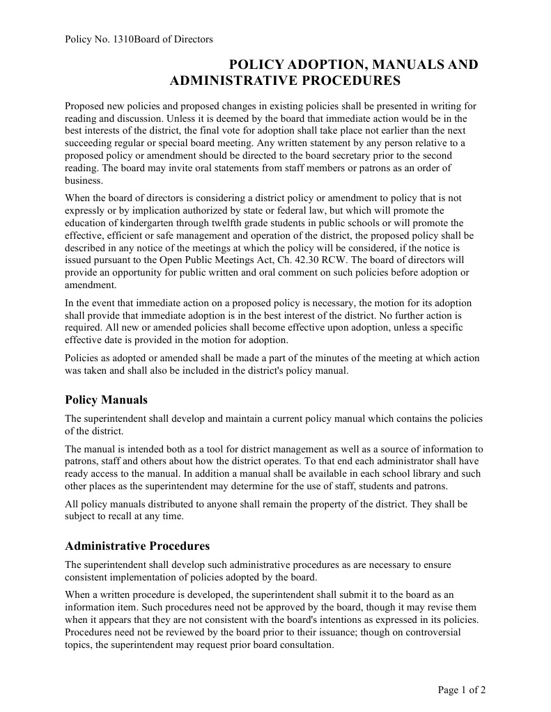 N 1310 Policy Adoption, Manuals and Administrative Procedures | PDF ...