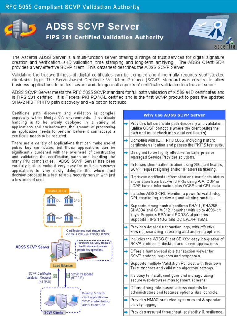 ADSS SCVP Server Datasheet | PDF | Public Key Certificate | Hypertext Transfer Protocol