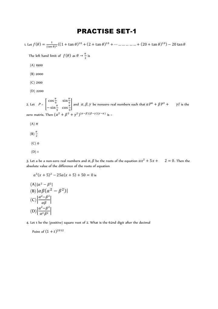 Math Practice Set for Limits and Roots | PDF