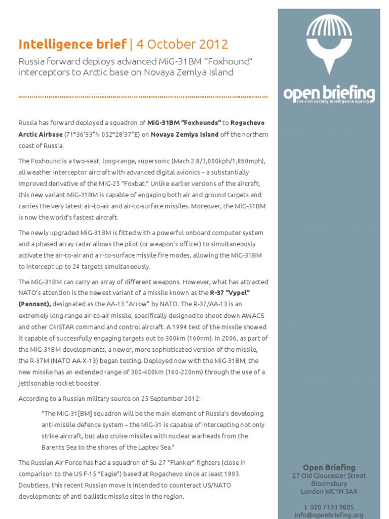 Intelligence Brief: Russia Forward Deploys Advanced MiG-31BM "Foxhound ...