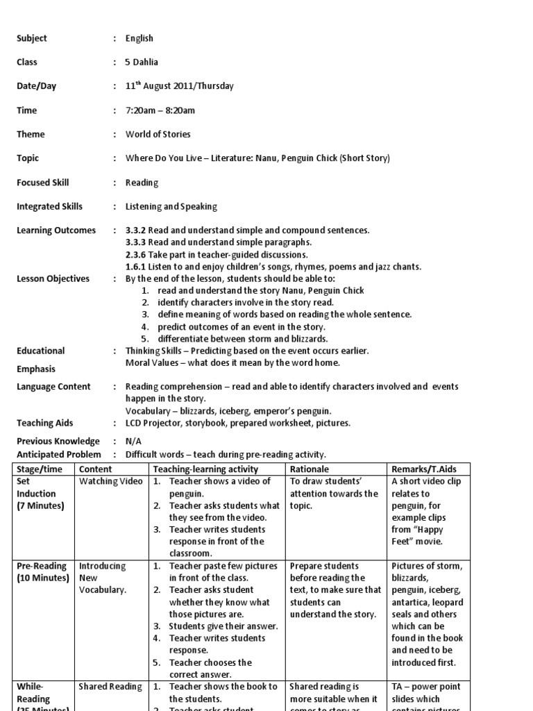 Reading Lesson: Nanu, Penguin Chick | PDF | Reading (Process) | Reading ...
