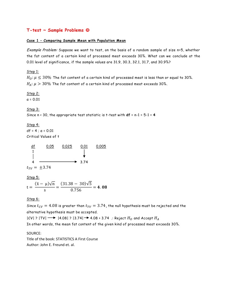 T-Test Sample Problems | PDF | Student's T Test | Statistical Significance