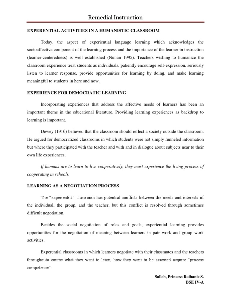 8experential Activities in A Humanistic Classroom | PDF | Classroom ...