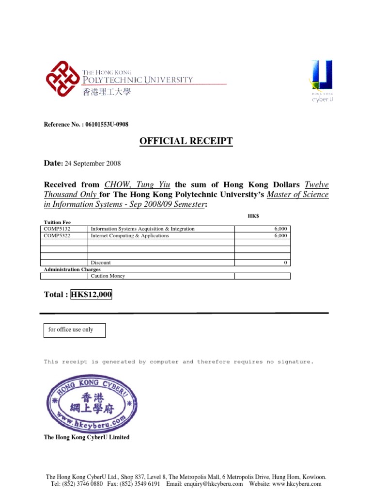 Official Receipt for Tuition Fee Payment | PDF