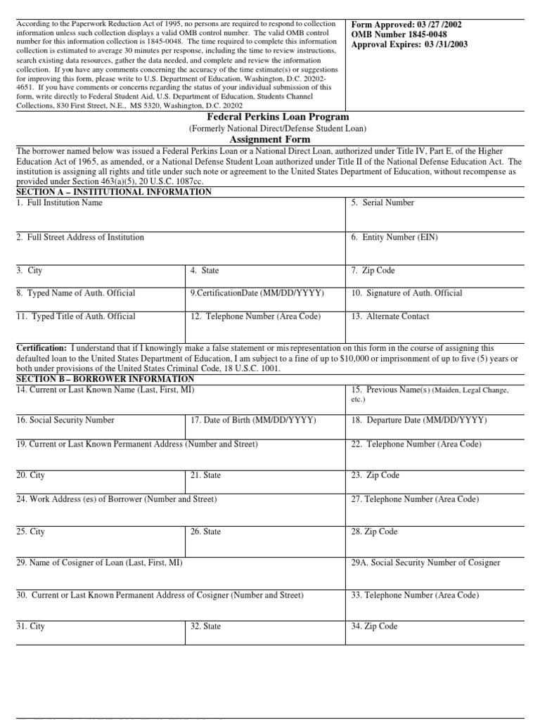 Federal Perkins Loan Program Assignment Form | PDF | Business