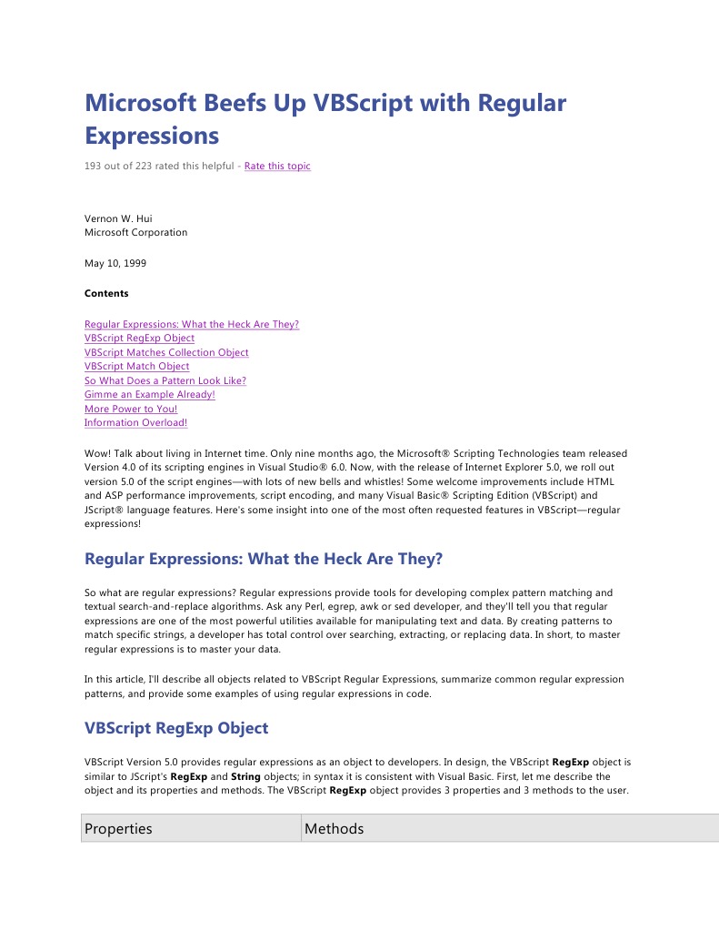 Microsoft Beefs Up VBScript With Regular Expressions | PDF | Regular Expression | Scripting Language