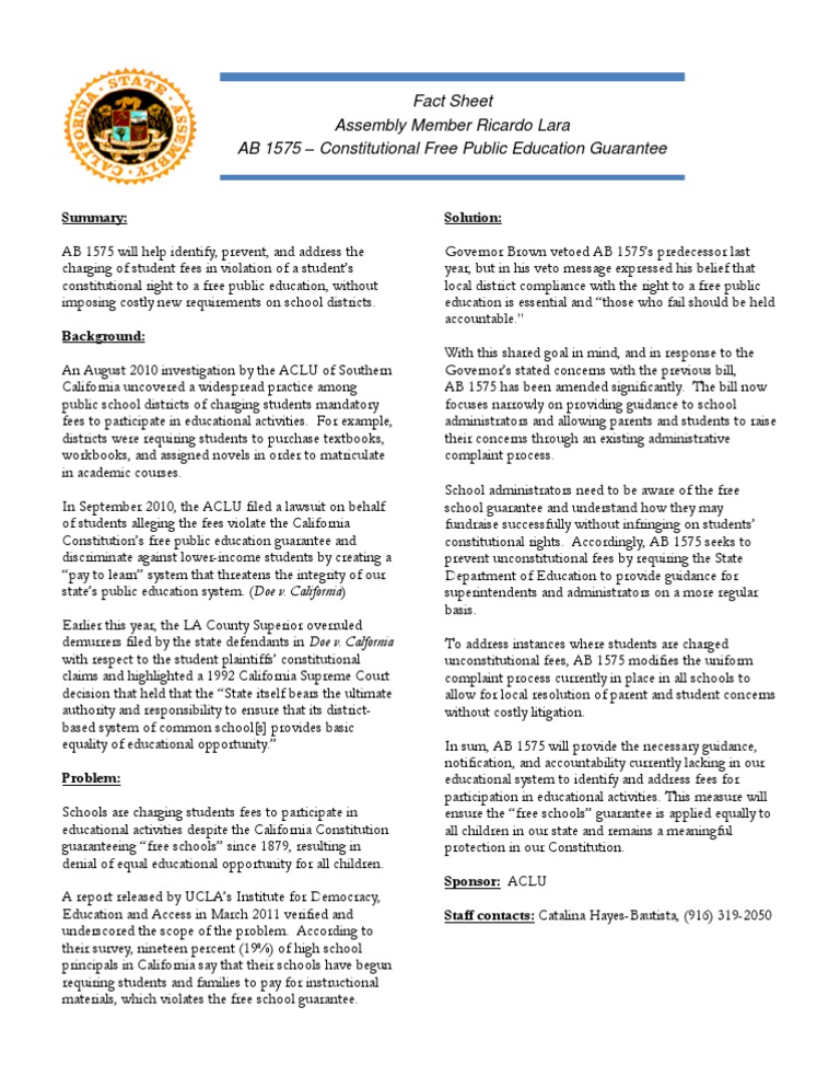AB 1575 Fact Sheet | American Civil Liberties Union | Fee