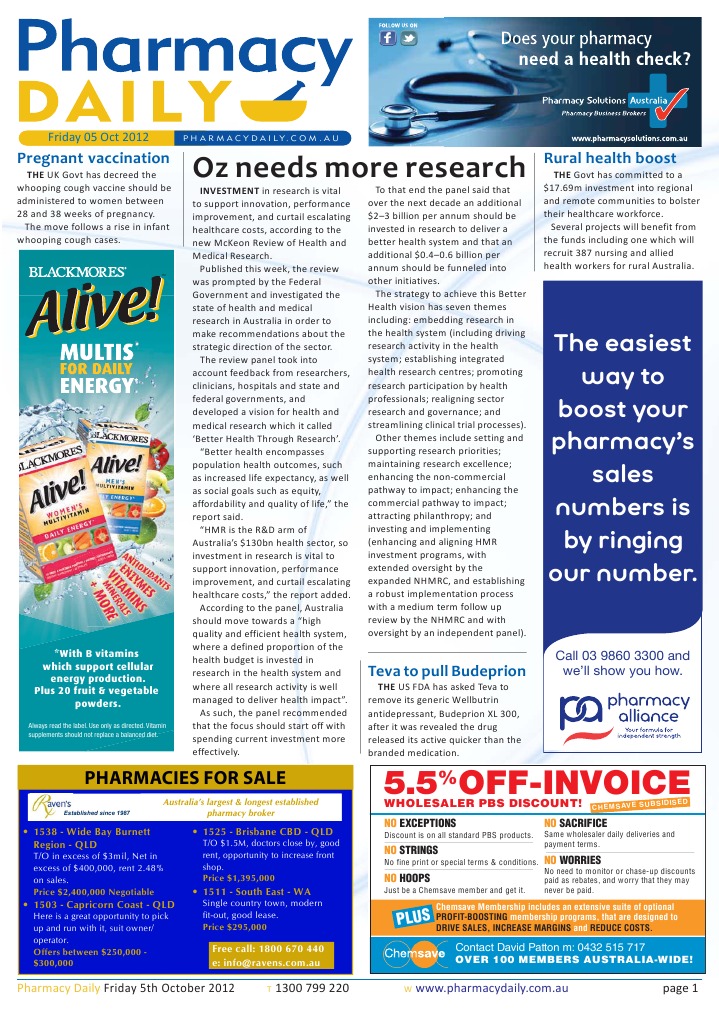 Pharmacy Daily For Fri 05 Oct 2012 - Australian Research, Rural Boost ...