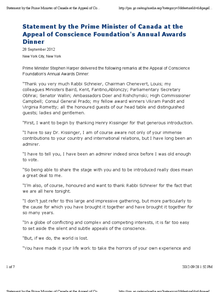 Statement by The Prime Minister of Canada at The Appeal of Conscience ...