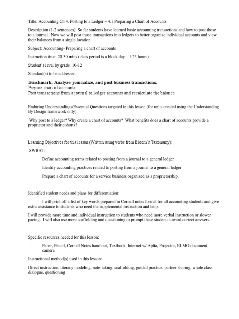 Ch. 4-1 Lesson Chart of Accounts1 | PDF | Teaching | Cognitive Science