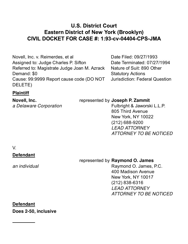 Novell Vs Reimerdes Edny - CIVIL DOCKET FOR CASE #: 1:93-cv-04404-CPS ...