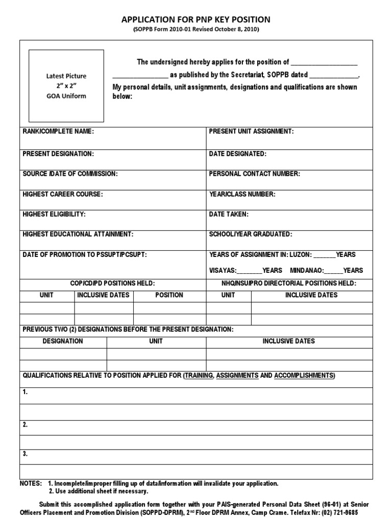 SOPPB Form 2010-01 (Application For Key Position) | PDF