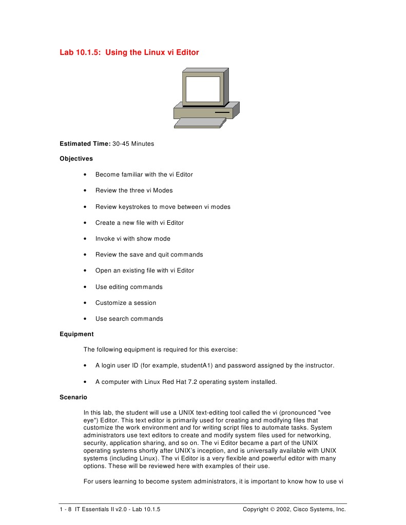 Lab 10.1.5: Using The Linux VI Editor: Estimated Time: 30-45 Minutes ...