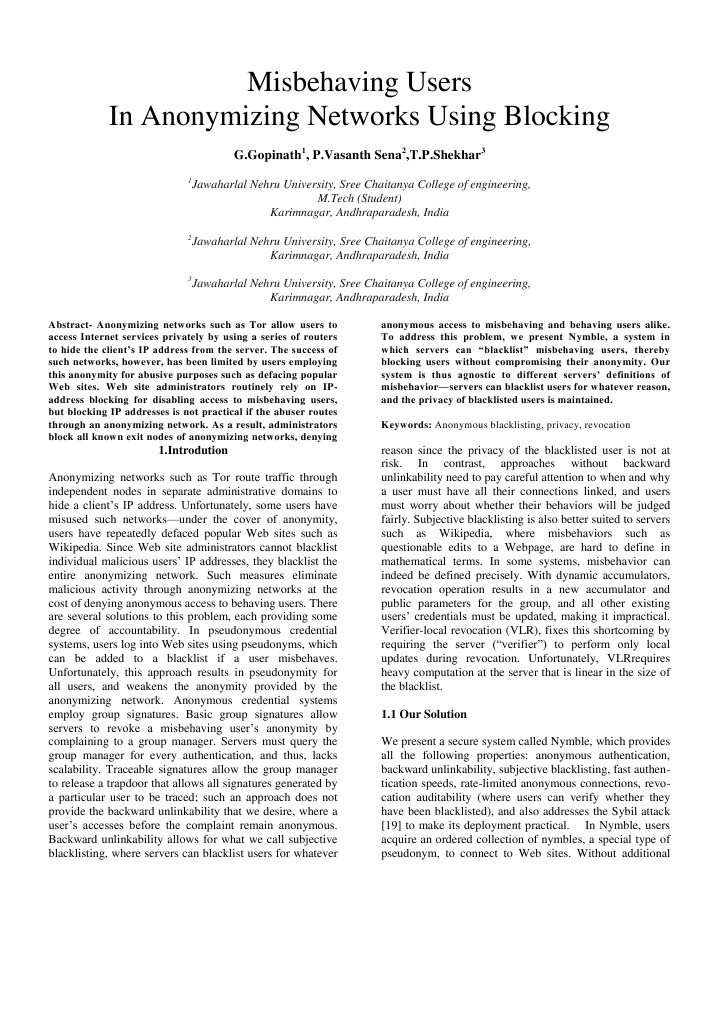 Misbehaving Users in Anonymizing Networks Using Blocking: G.Gopinath, P.Vasanth Sena, T.P ...