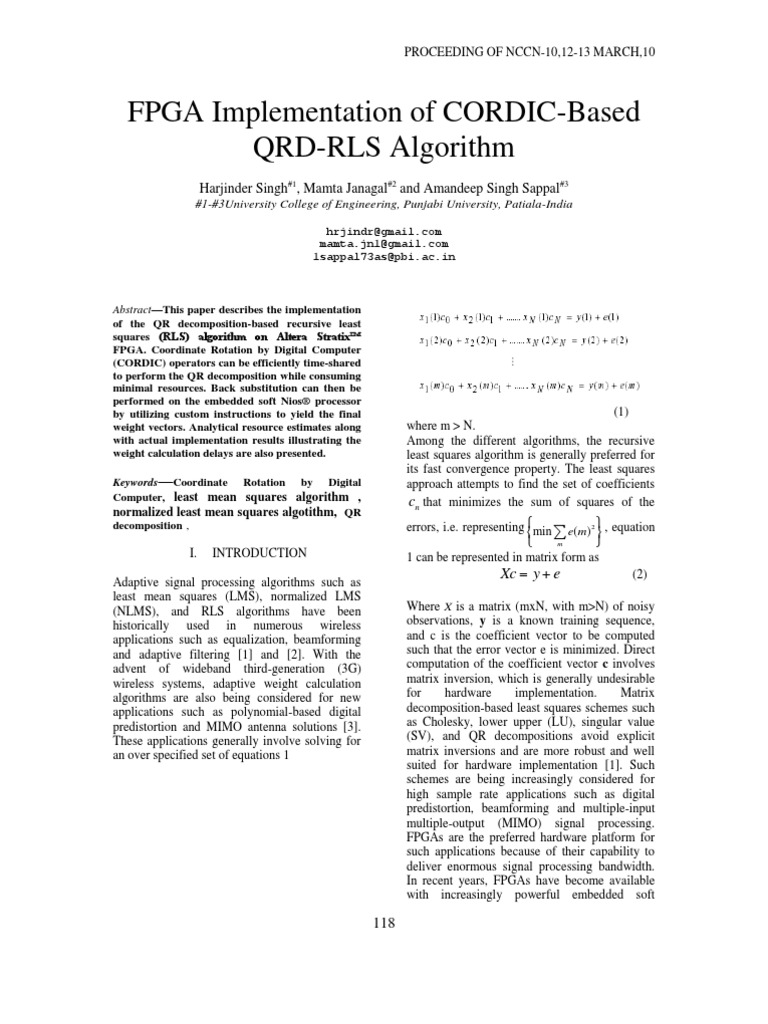 Fpga Implementation Of Cordic Based Qrd Rls Algorithm Pdf Field Programmable Gate Array