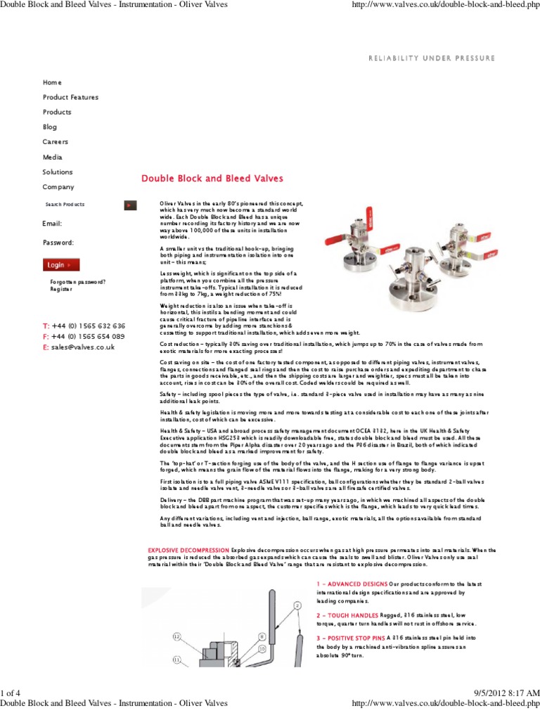 Double Block and Bleed Valves - Instrumentation - Oliver Valves | PDF | Valve | Pipe (Fluid ...