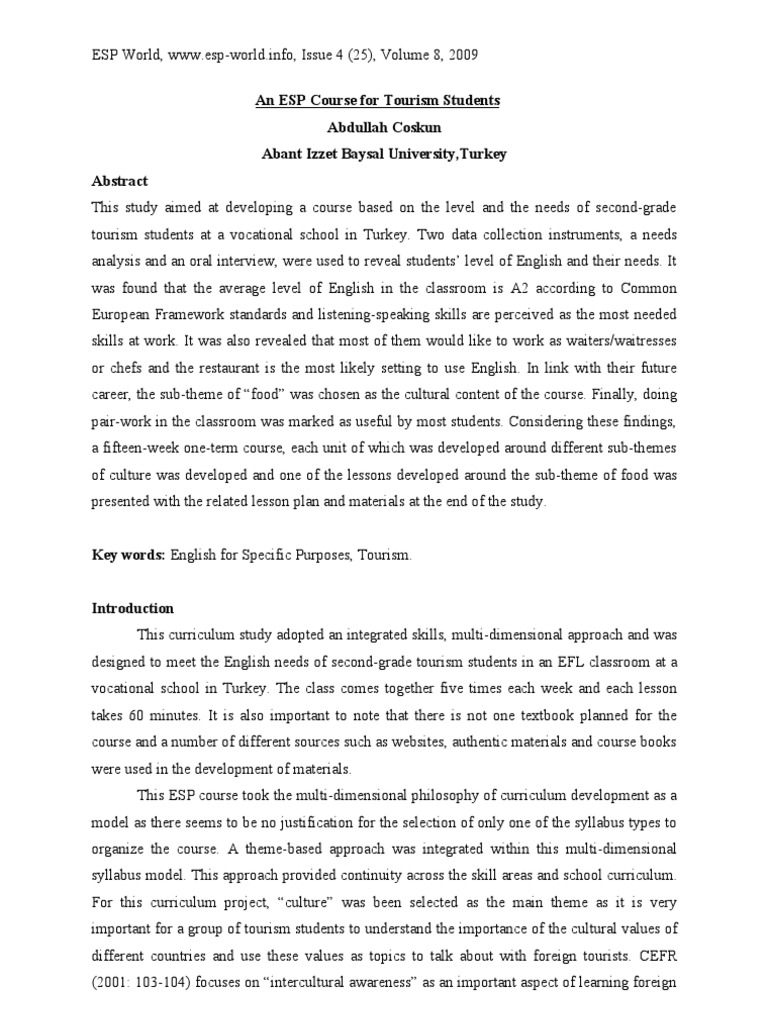 An ESP Course For Tourism Students | PDF | English As A Second Or ...