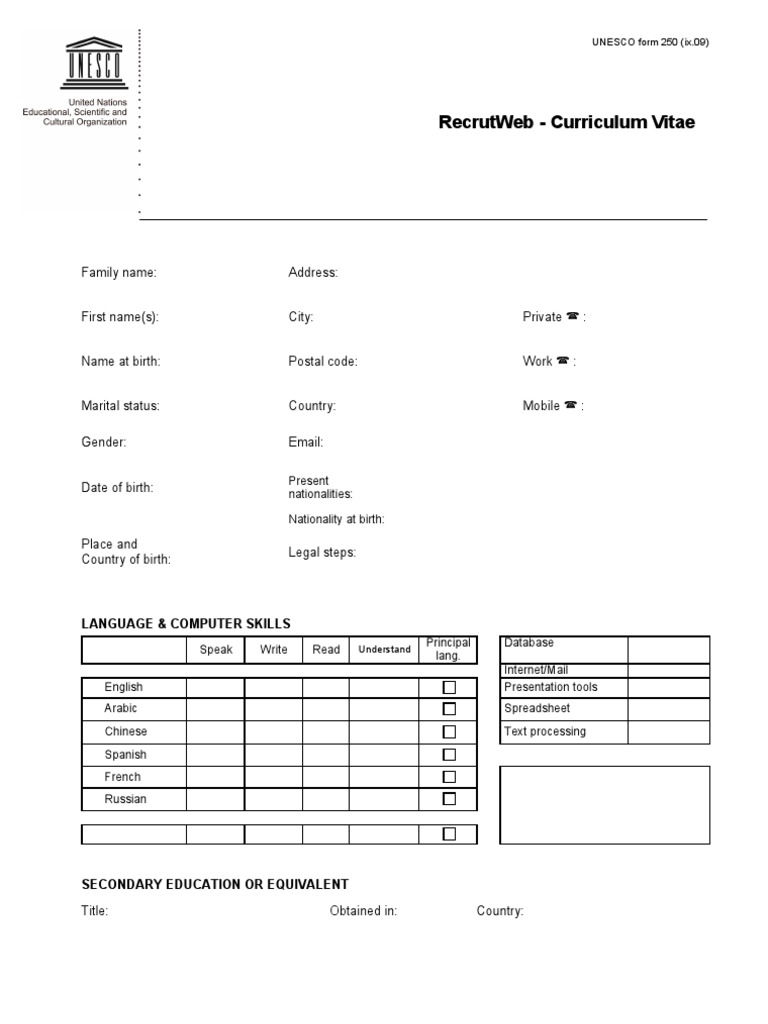 Unesco CV Model 2010 | PDF | Mail | Social Institutions