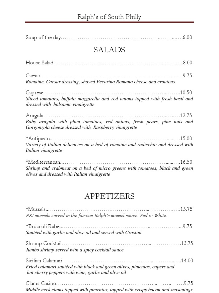 Ralph's of South Philly Dinner Menu | Tomato Sauce | Italian Cuisine