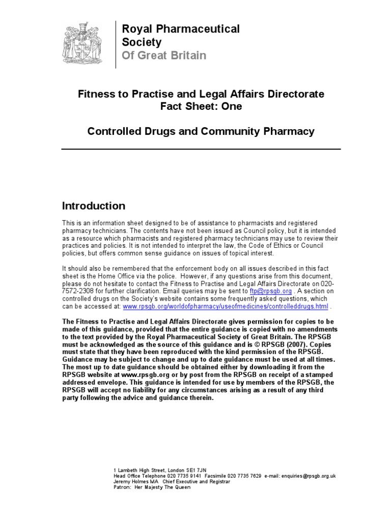 Pas RPSGB Fs Controlled Drugs Community Pharmacy Feb08 | PDF | Medical ...