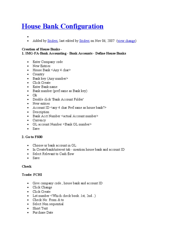 House Bank Setup in SAP | PDF | Payments | Cheque