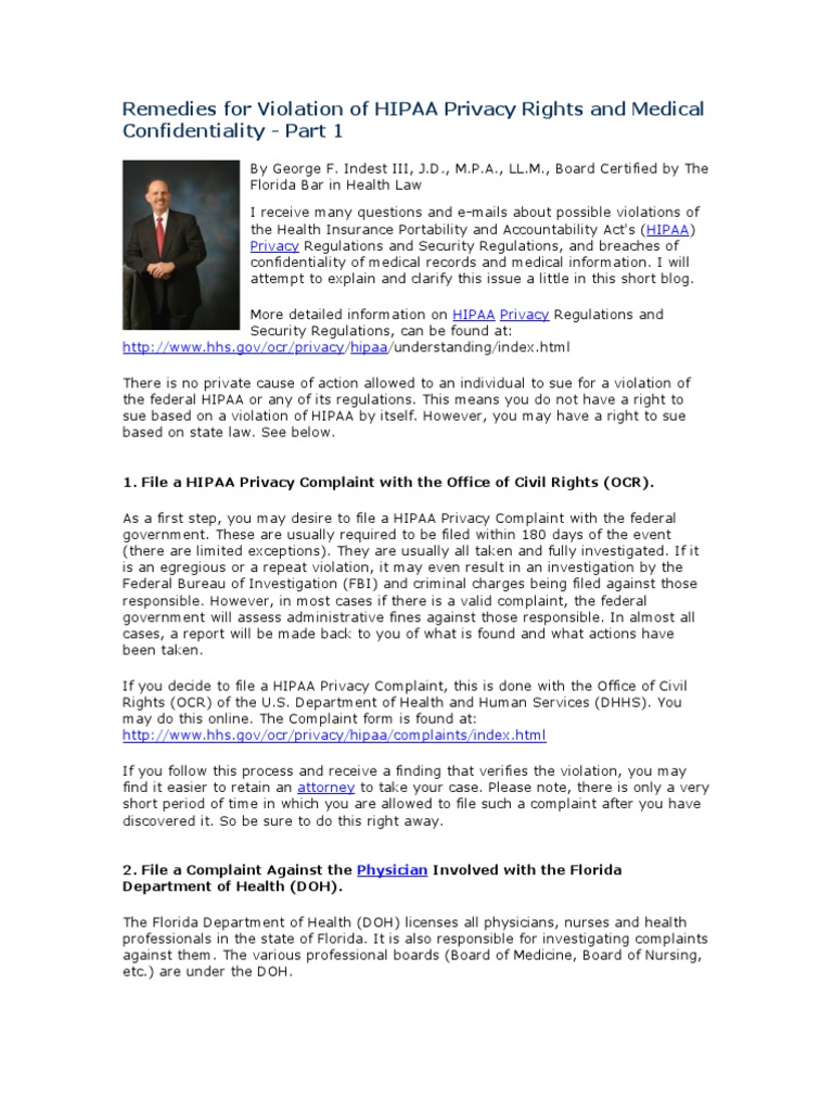 Remedies For Violation of HIPAA Privacy Rights and Medical ...