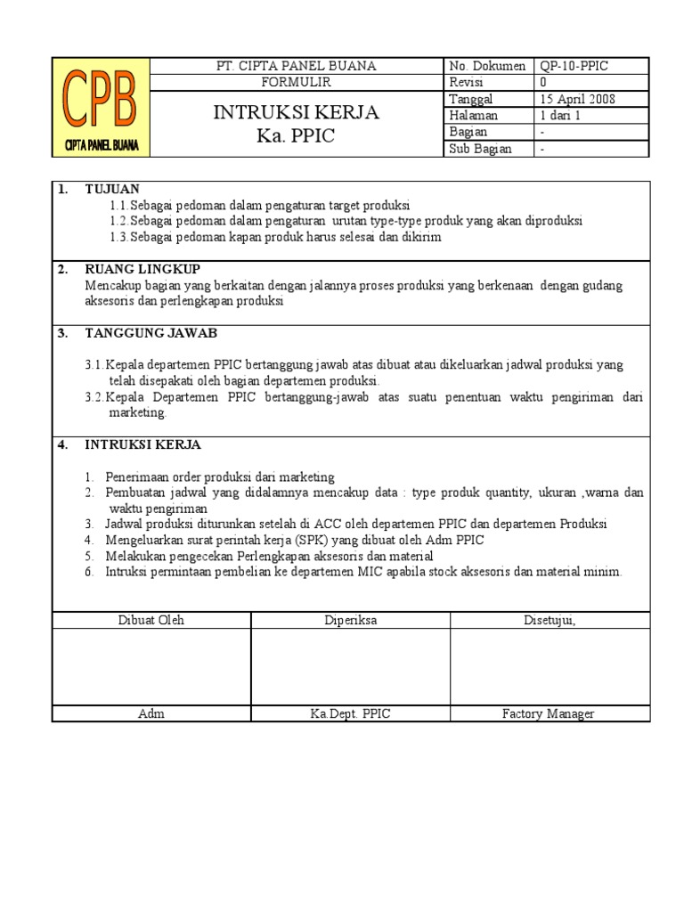 Intruksi Kerja Ppic | PDF | Teknologi & Rekayasa