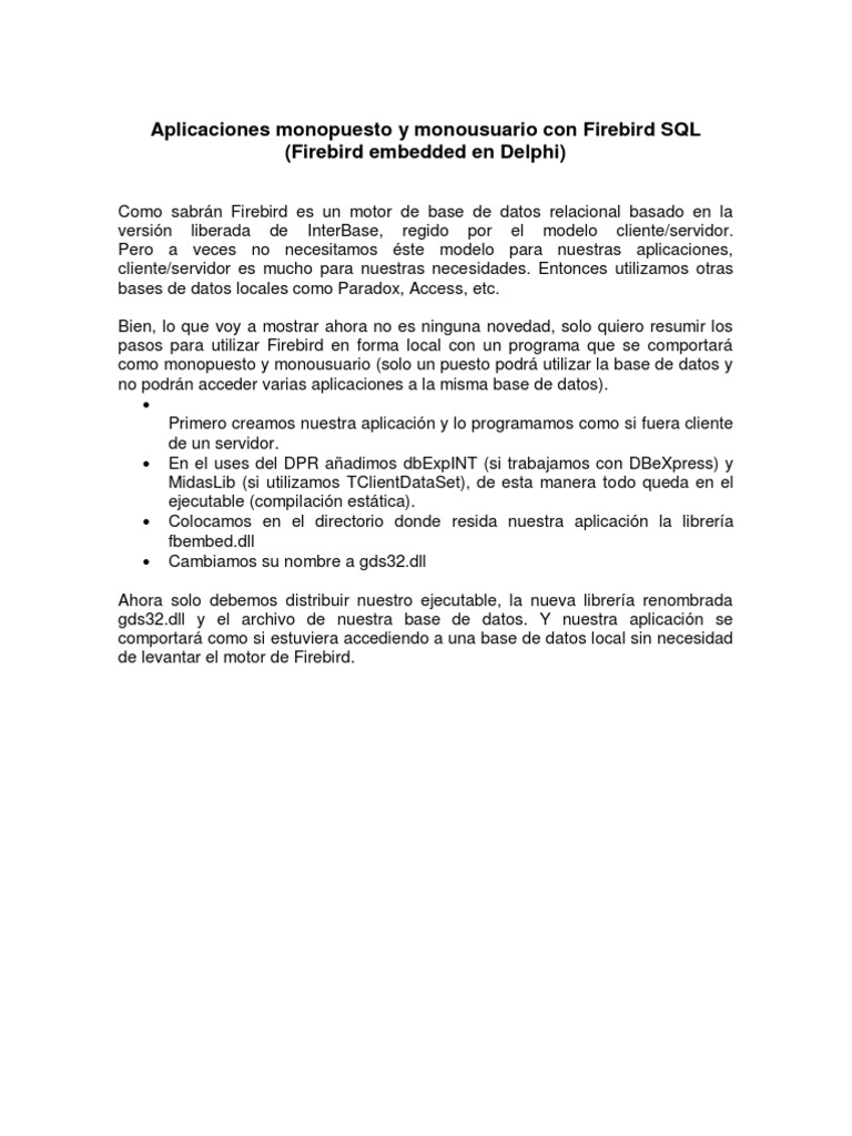 Aplicaciones Monopuesto y Monousuario Con Firebird SQL | PDF | Bases de datos | Programa de ...