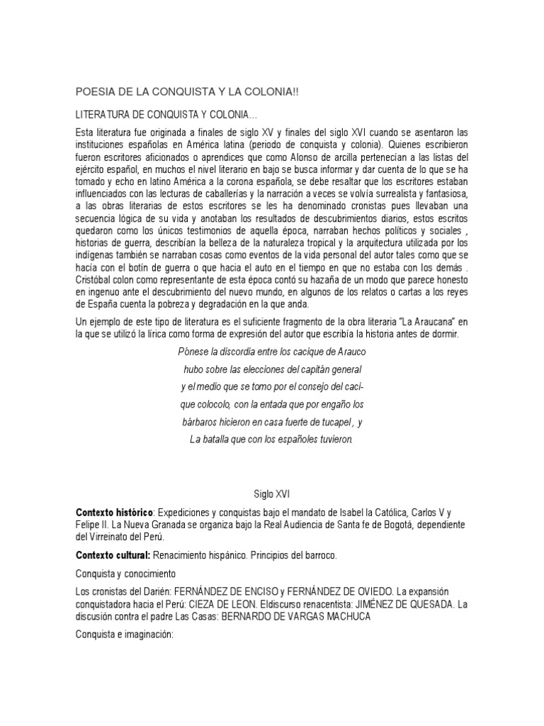 Poesia de La Conquista y La Colonial | PDF | Colonización europea de ...