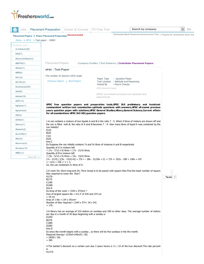 UPSC Placement Paper Aptitude General 19683 | PDF | Test (Assessment ...