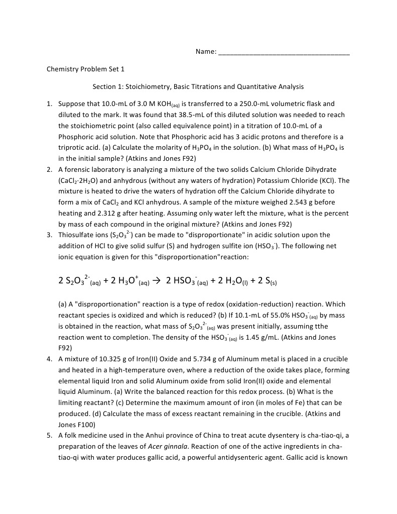 Chemistry Problem Set 1 | PDF | Acid | Redox