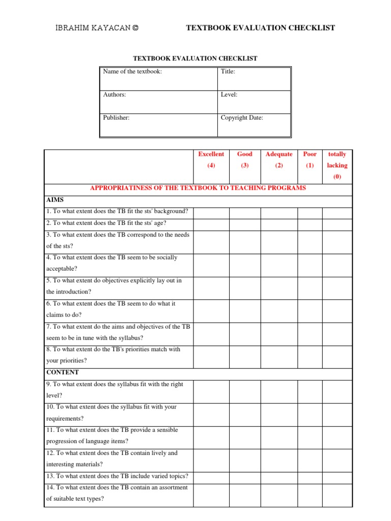 English Textbook Evaluation Checklist Form | PDF | Textbook | Graphics