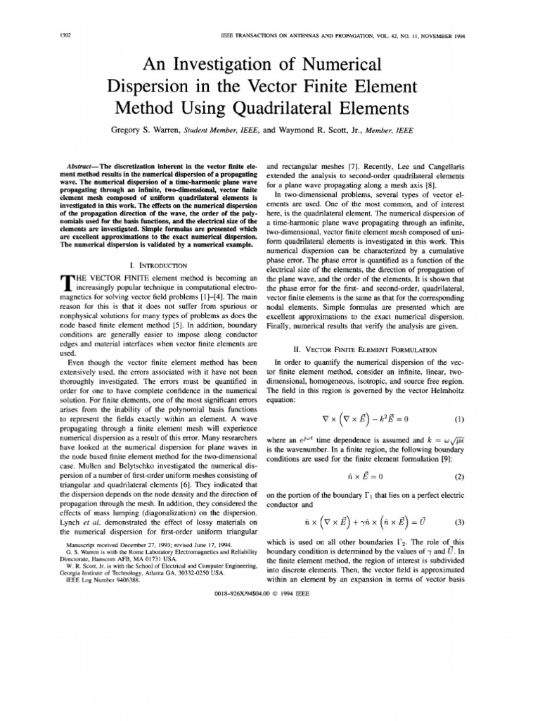 An Investigation Of Numerical Dispersion In The Vector Finite Element Method Using Quadrilateral