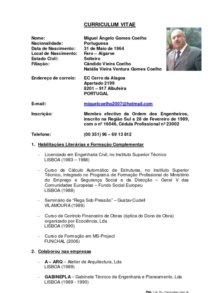 Engº Miguel Coelho - CV | PDF | Lisboa | Engenharia