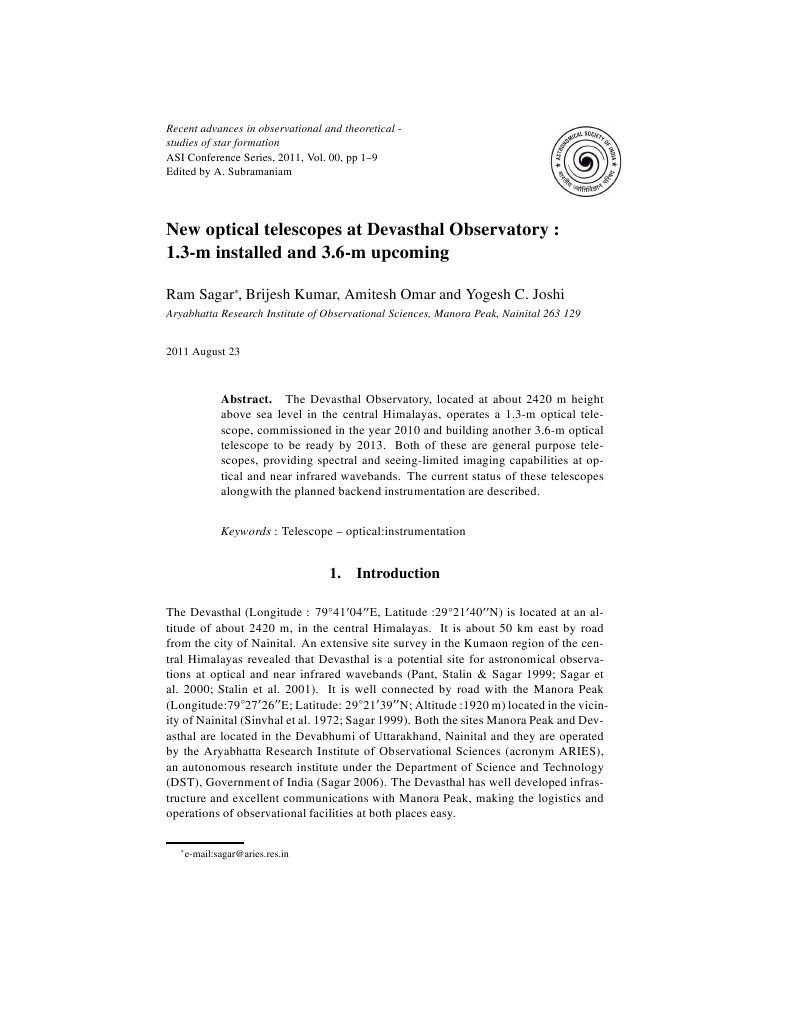 New Optical Telescopes at Devasthal Observatory: 1.3-m Installed and 3. ...