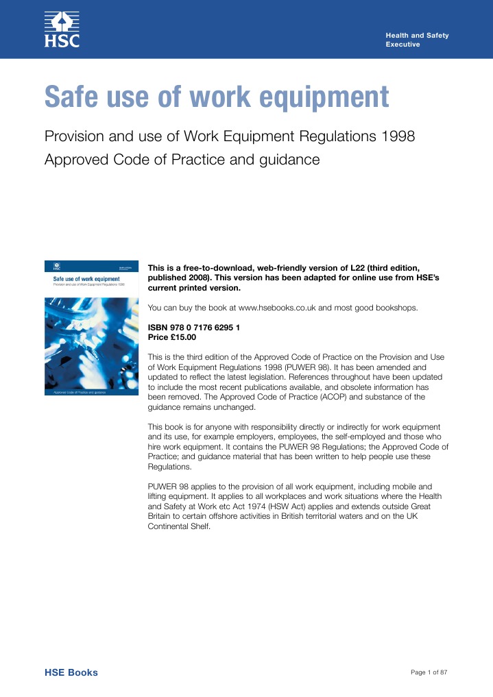 Provision and Use of Work Equipment Regulations 1998 Approved Code of ...