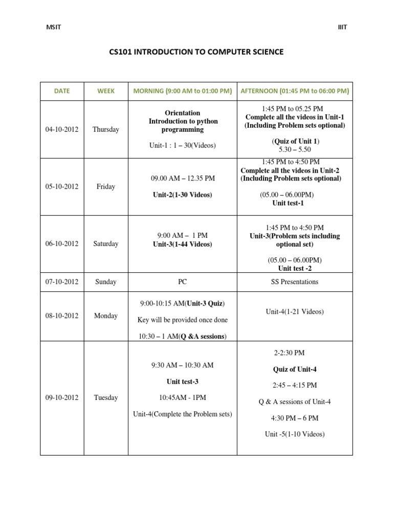CS101 Schedule | PDF | Python (Programming Language) | Areas Of Computer Science