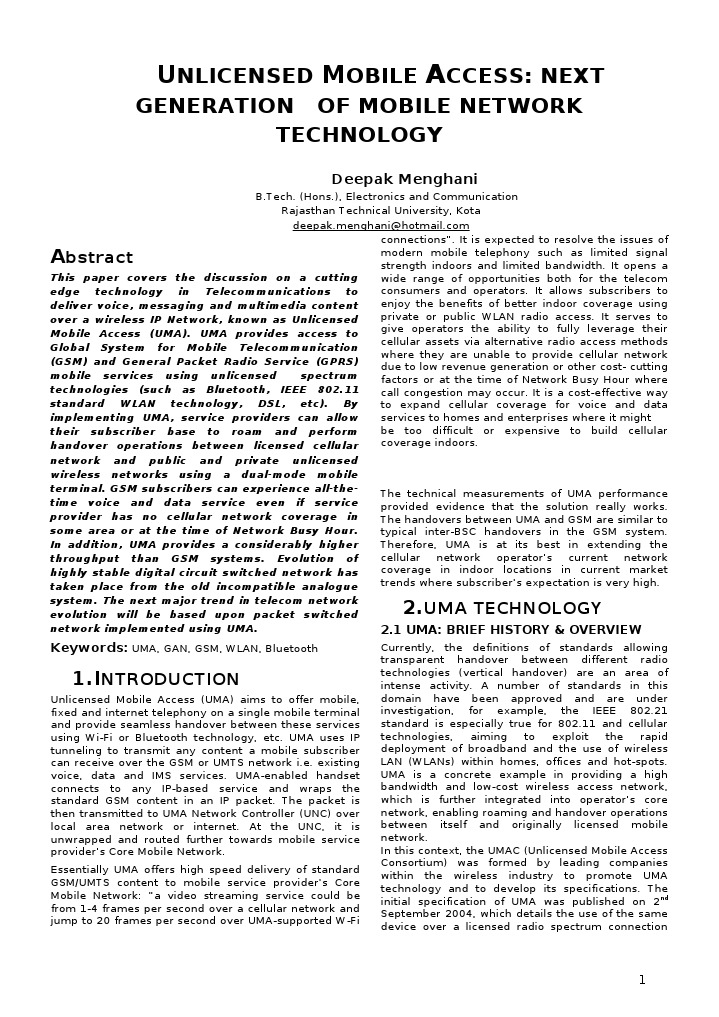 Unlicensed Mobile Access Technology - Deepak Menghani | PDF | Cellular Network | Computer Network