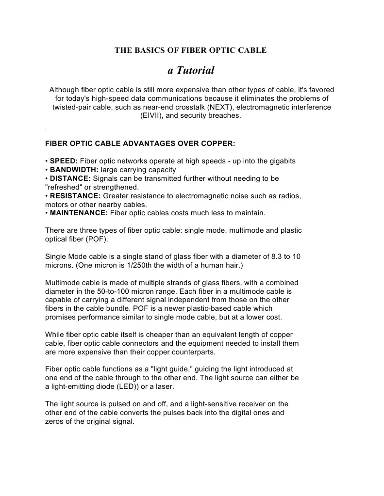 The Basics of Fiber Optic Cable | PDF | Optical Fiber | Cable