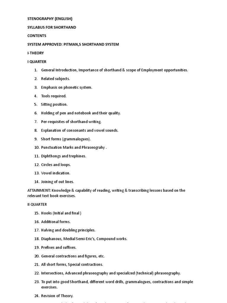 Stenography (English) Syllabus For Shorthand System Approved: Pitman, S ...