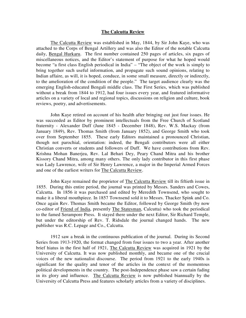 Calcutta Review - History | PDF | Newspaper And Magazine