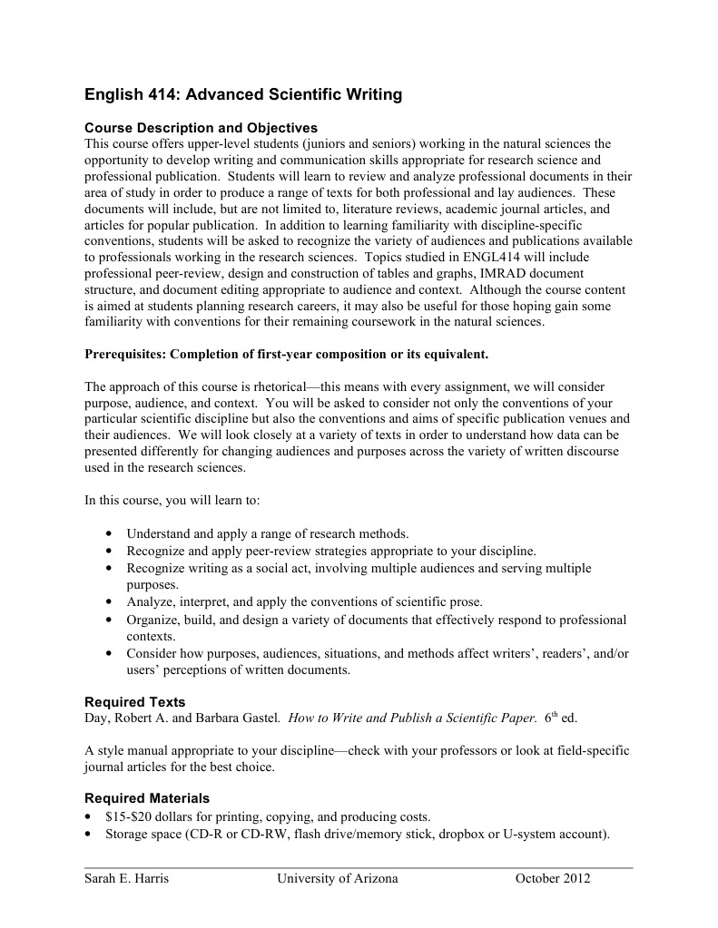 English 414: Advanced Scientific Writing: Course Description and ...