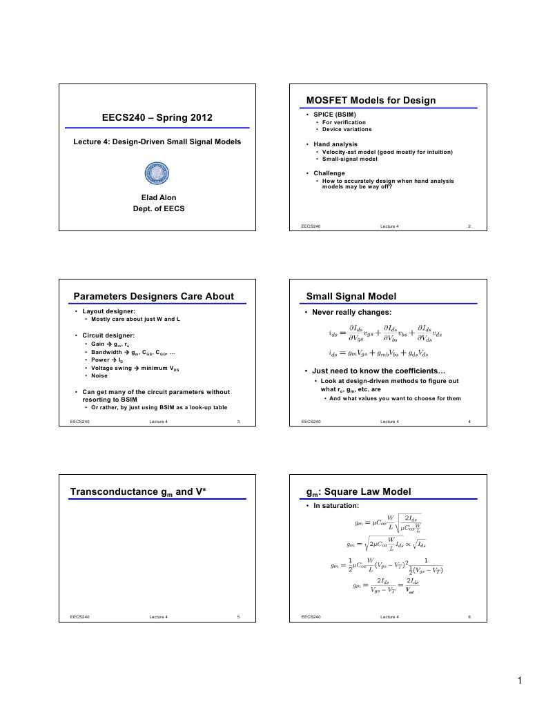 Lecture04 MOS Small Sig 6up | PDF | Mosfet | Electricity