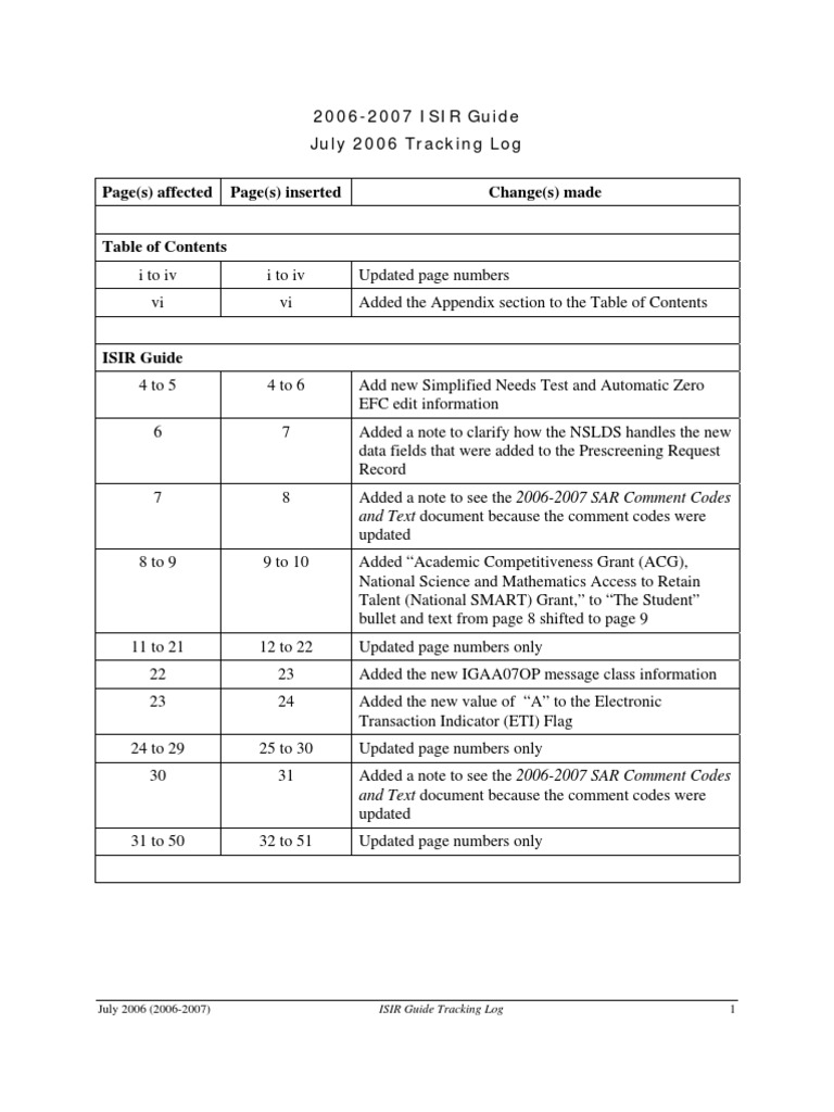 2006-2007 ISIR Guide July 2006 Tracking Log: and Text Document Because ...