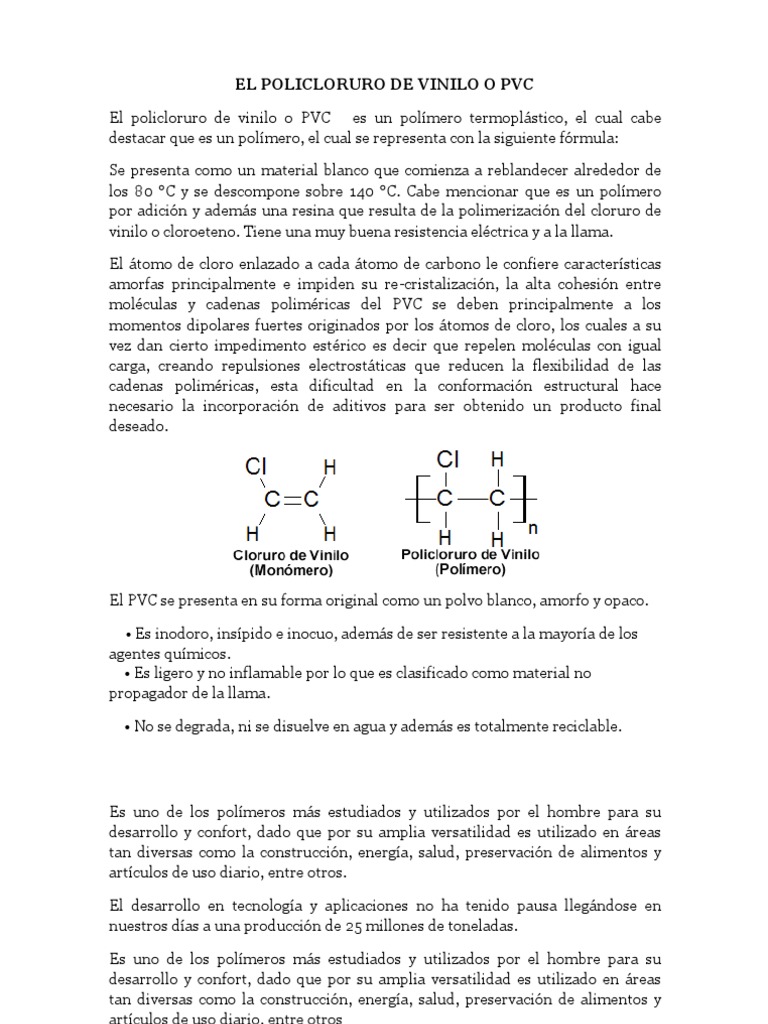 El Policloruro de Vinilo o PVC | PDF | Cloruro de polivinilo | Materiales