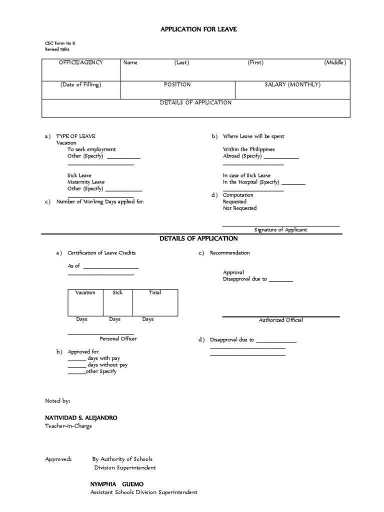Application For Leave: CSC Form No 6 Revised 1984 | PDF