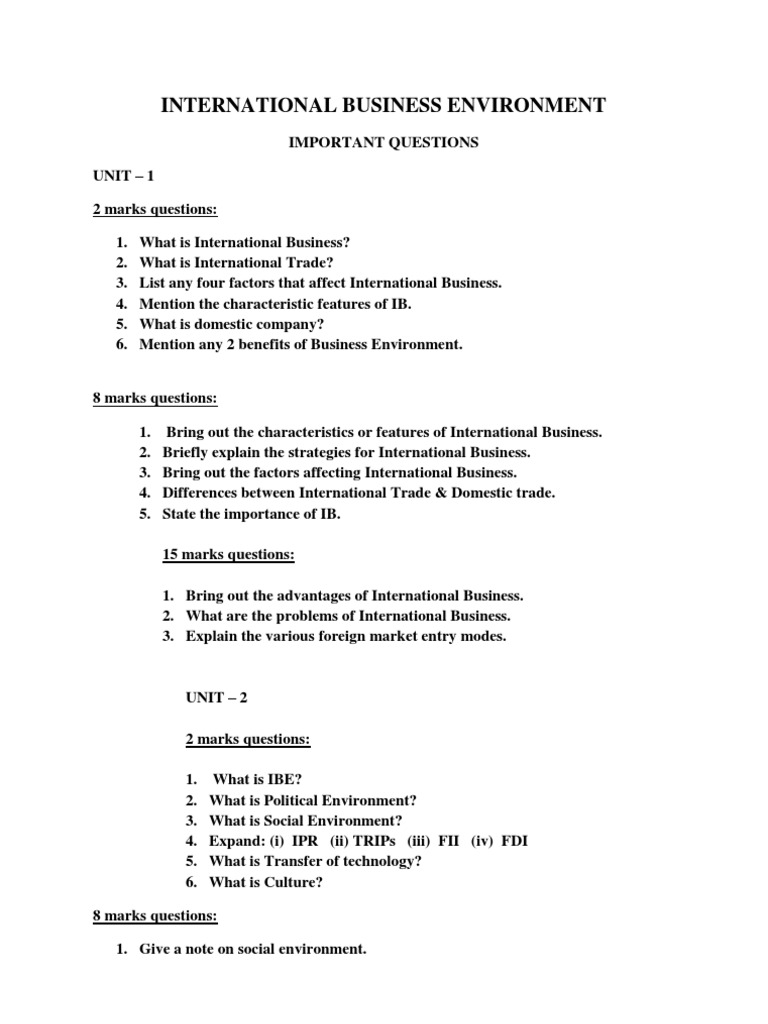 IBE Important Questions | PDF | International Business | Foreign ...