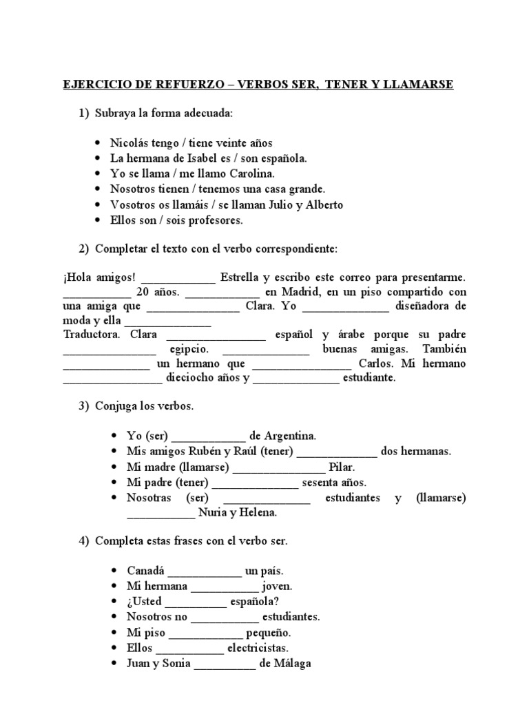 EJERCICIO de REFUERZO Verbos Ser Tener Llamarse | PDF