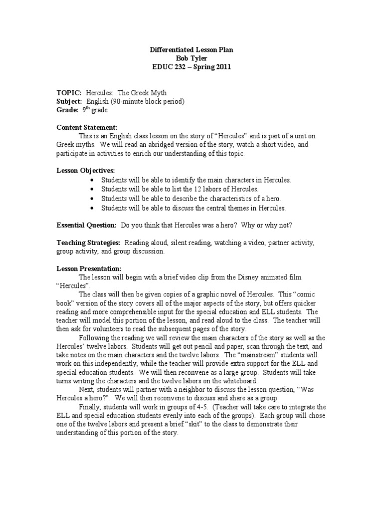 Hercules Myth Lesson Plan for 9th Grade | PDF | Special Education ...