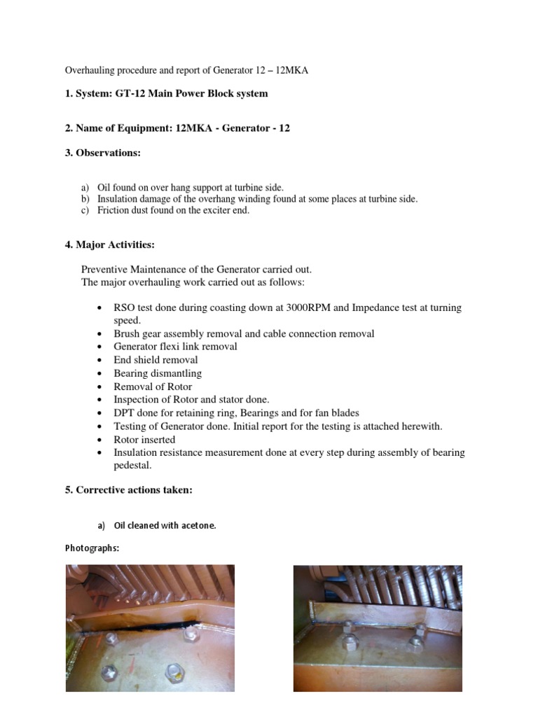 Generator 12 Overhauling Procedure Report | PDF